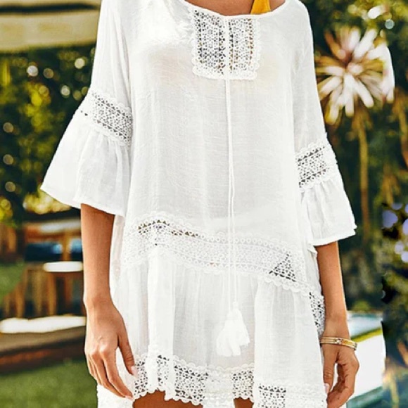 Cupshe | Swim | White Lace Beach Cover Up Dress Swimwear Long Sleeve ...